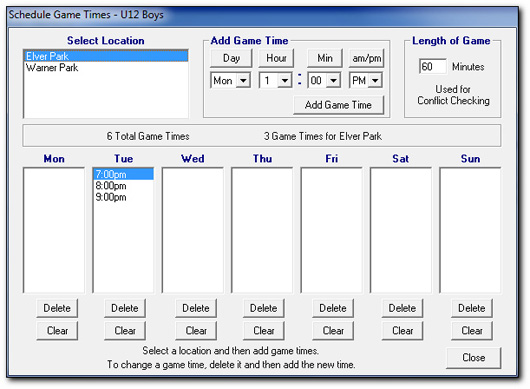 League Scheduler Screen Images