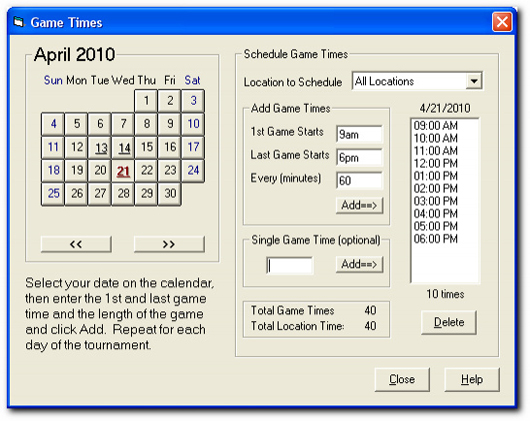 Tournament Scheduler Screen Images
